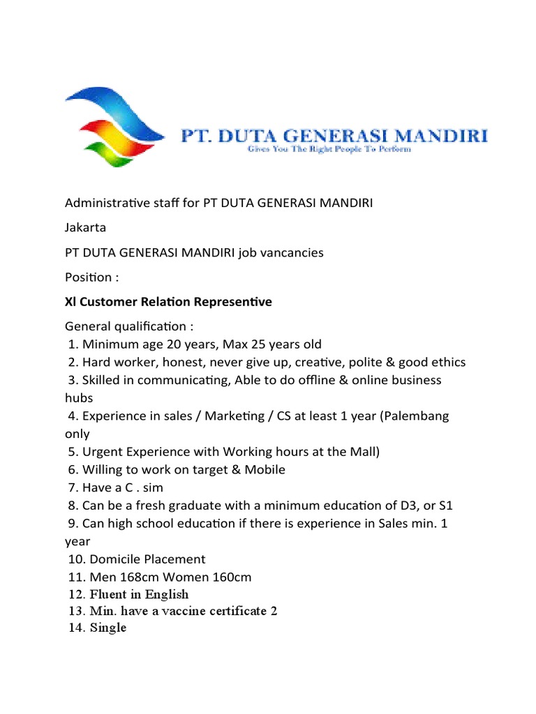 Administrative Staff For PT DUTA GENERASI MANDIRI | PDF