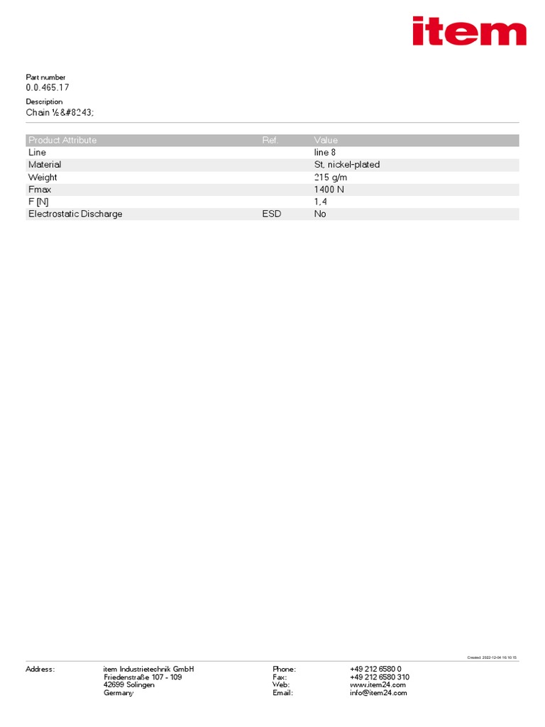 0.0.465.17 Chain ″ : Product Attribute Ref. Value | PDF