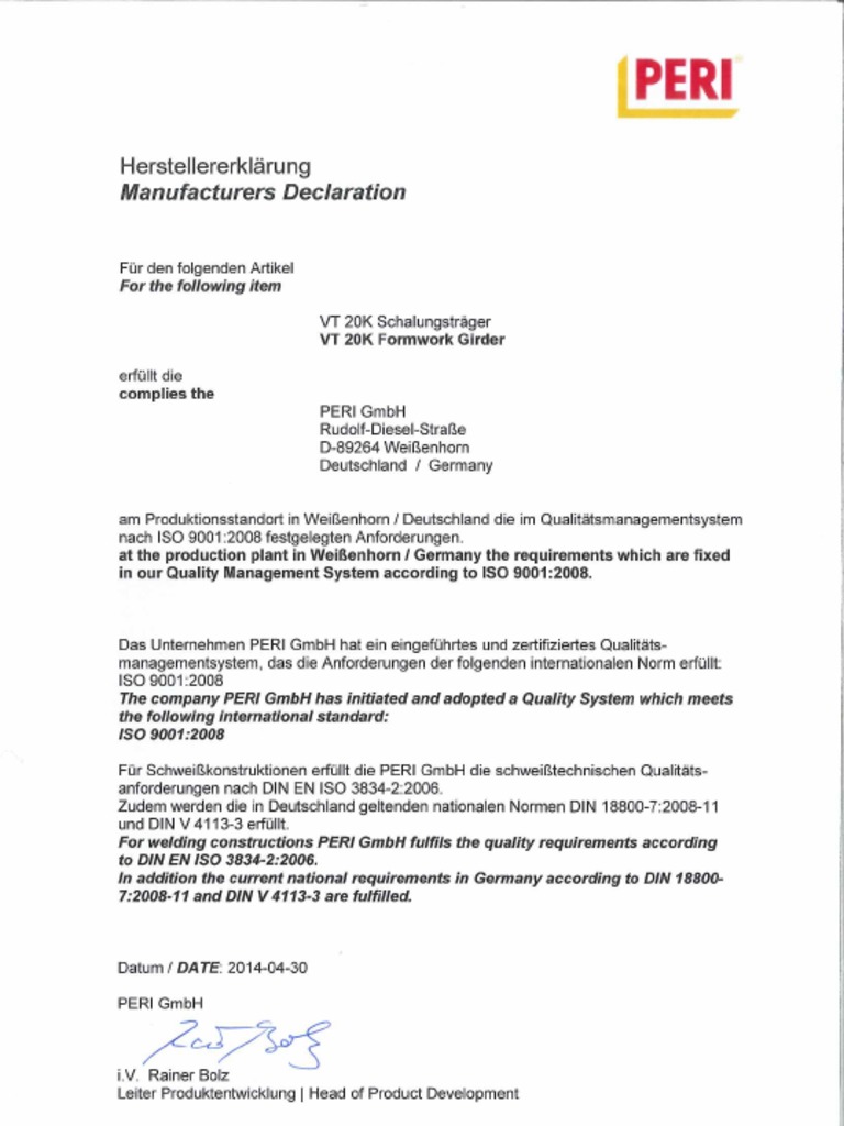 16 - Manufacturers Declaration VT20 | PDF