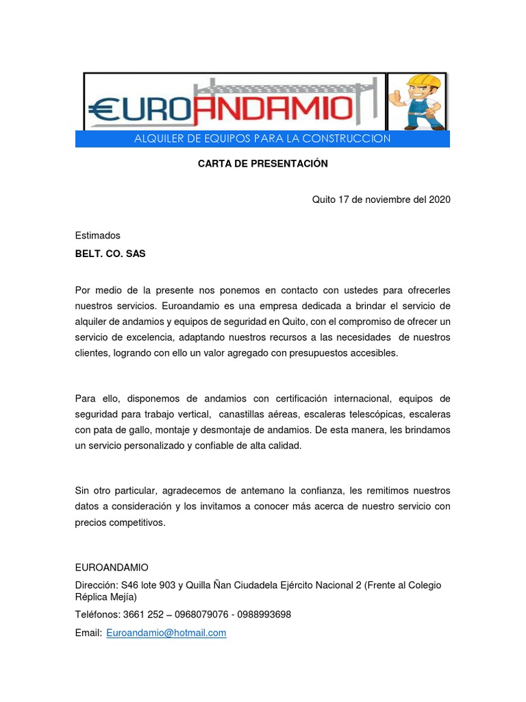 Carta de Presentación BEL - co.SAS | PDF | Andamio | Equipo