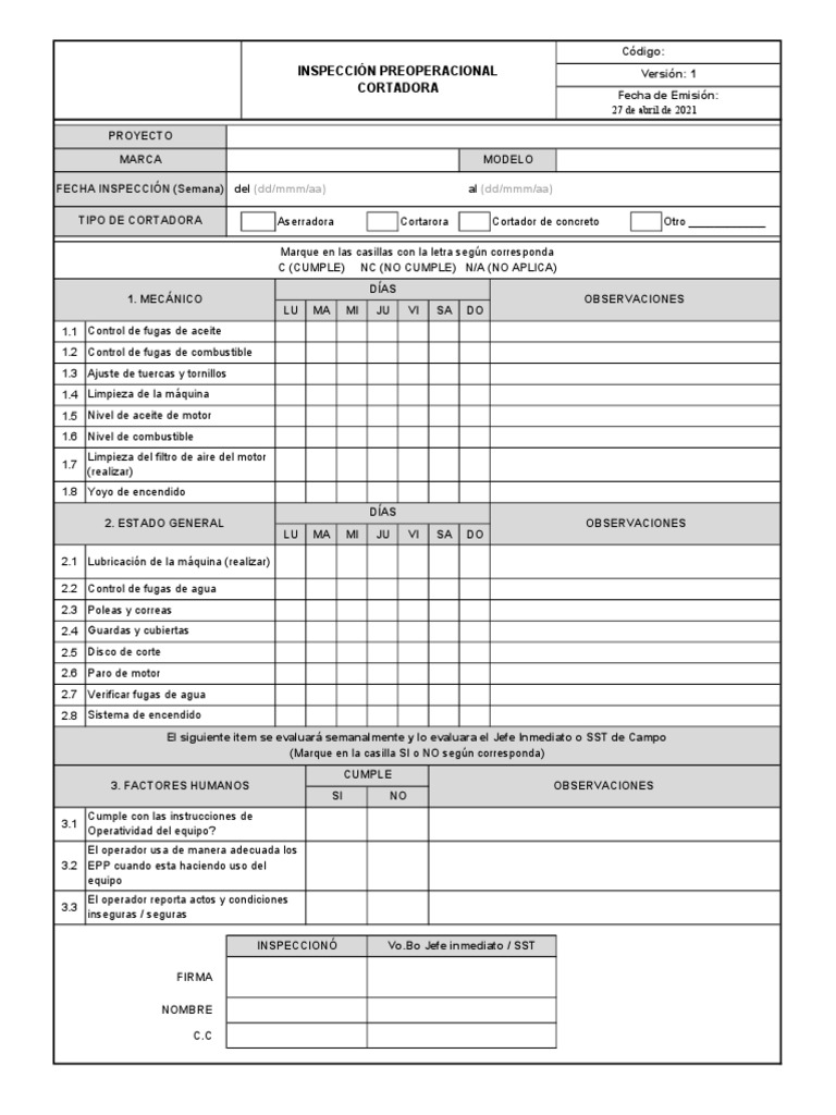 Inspeccion Preoperacional-Cortadora | PDF | Vehículos | Tecnología de ... Inspeccion Preoperacional-Cortadora | PDF | Vehículos | Tecnología de ...