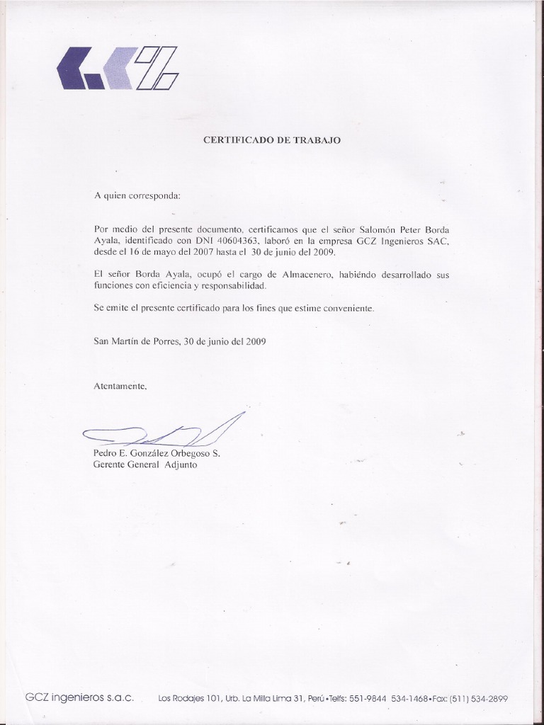 Certificado de Trabajo GCZ | PDF