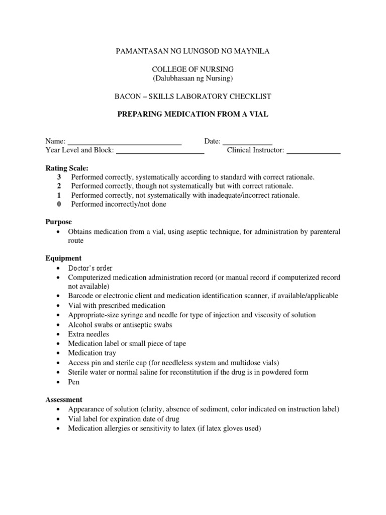 Preparing Med From A Vial Checklist | PDF | Syringe | Injection (Medicine)