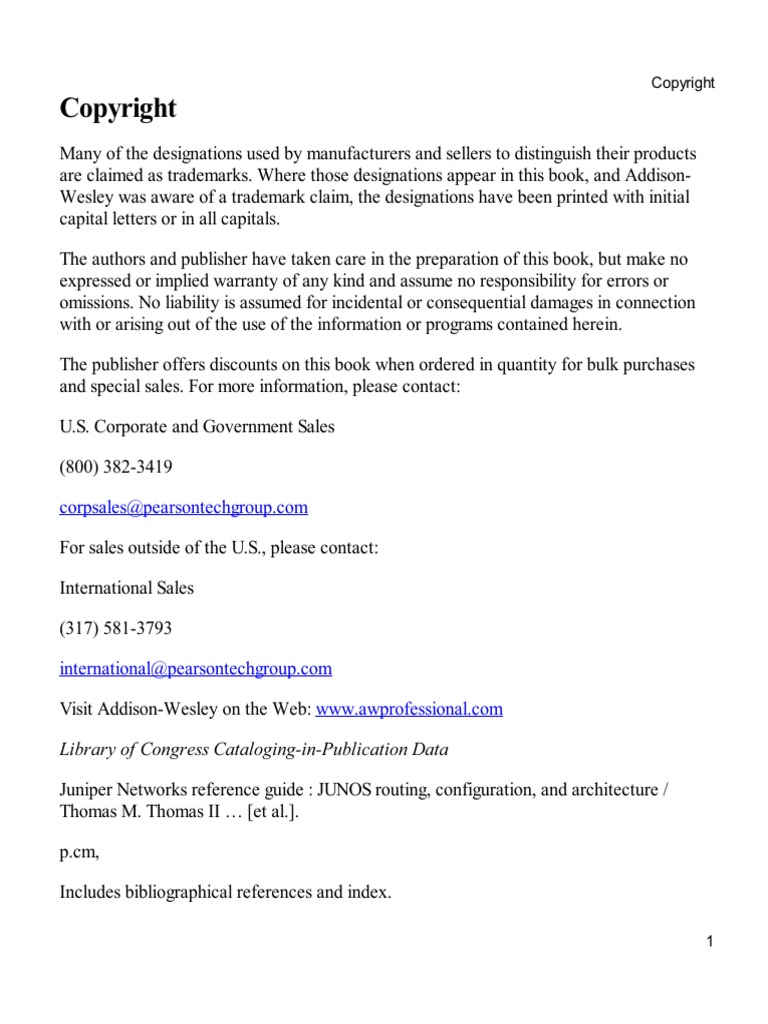 Juniper Networks Reference Guide Junos Routing, Configuration, and Architecture | PDF | Quality ...