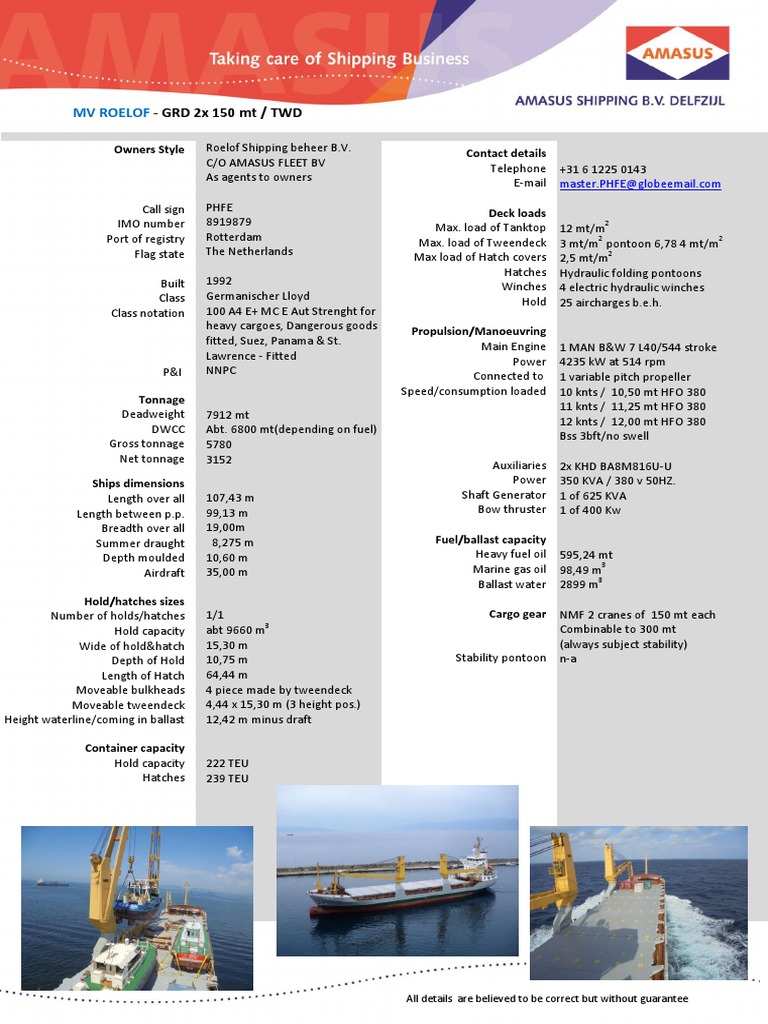 MV Roelof Ship Specifications | PDF | Tonnage | Ships
