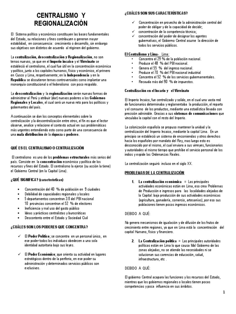 Centralismo y Regionalización | PDF | Estado (política) | Perú