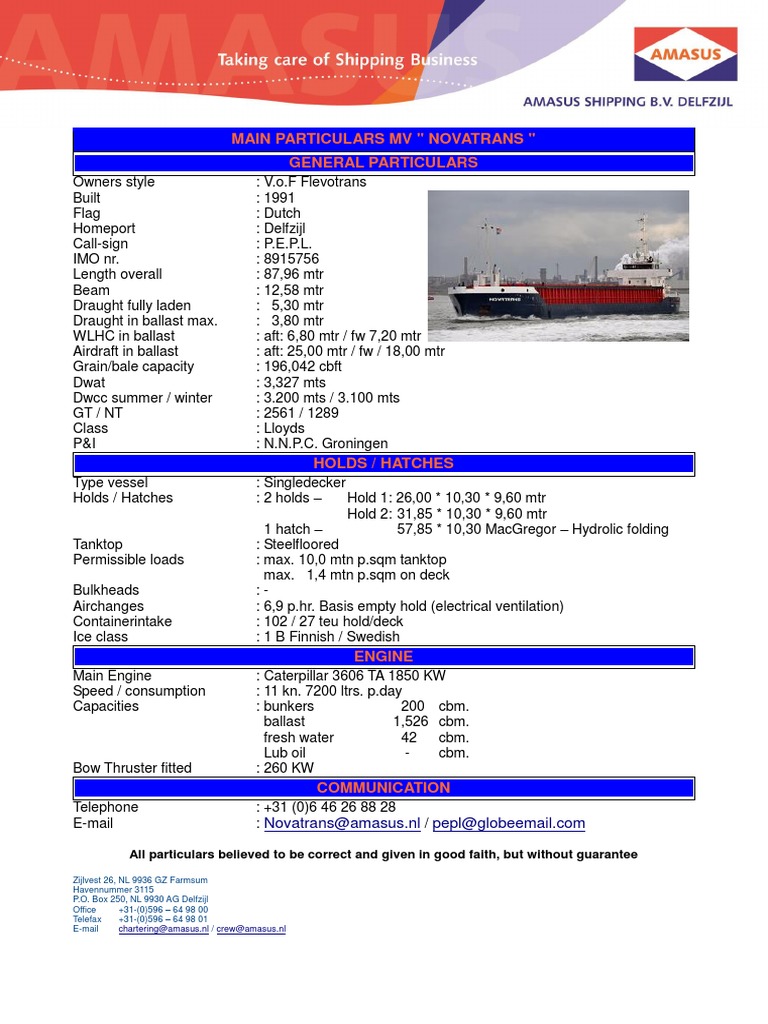 MV Novatrans Specifications Overview | PDF | Ships | Shipping