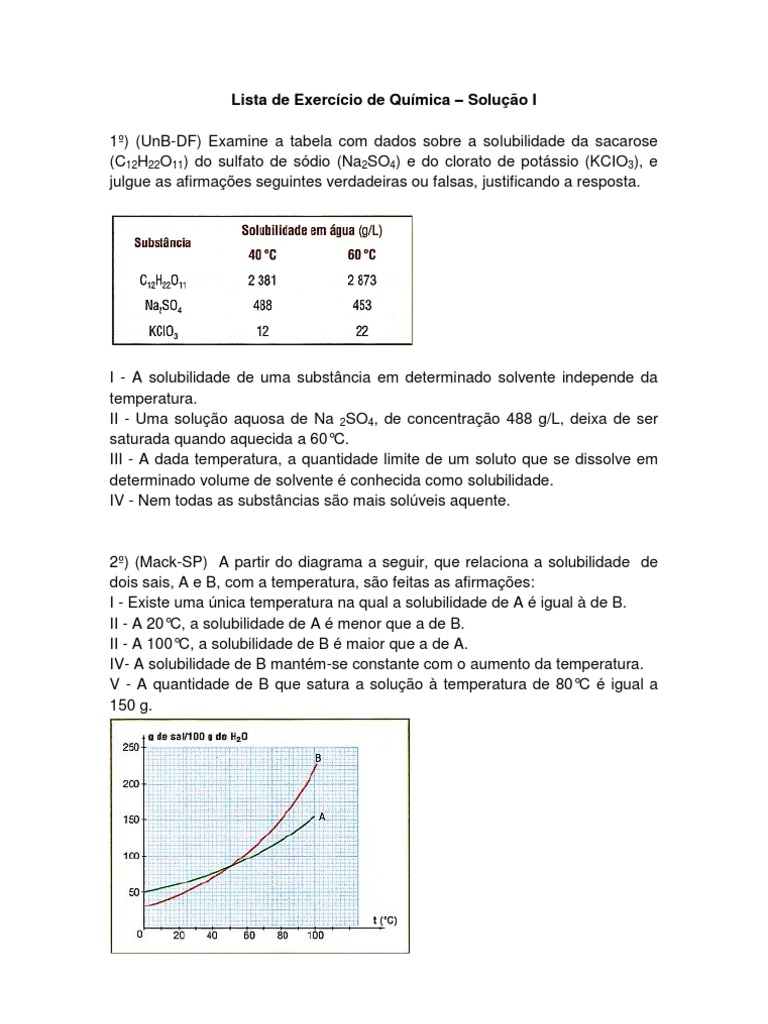 Lista de Exercicio de Quimica Introducao As Solucoes | PDF