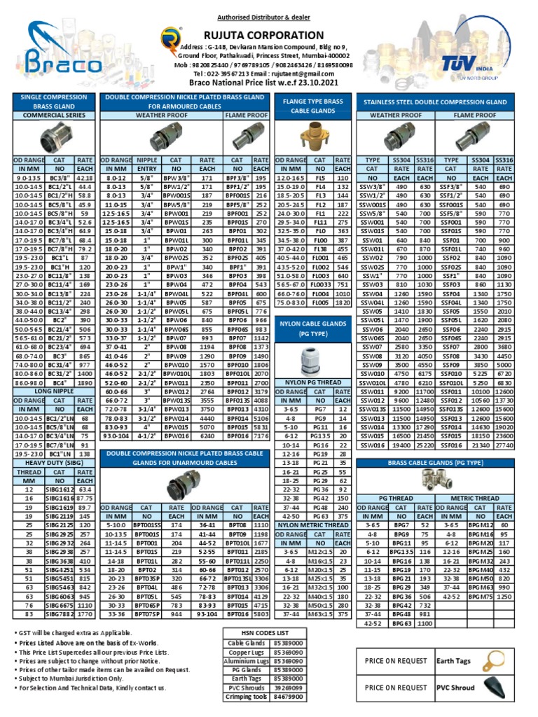 Braco Cable Glands and Lugs Price List | PDF | Electrical Connector ...