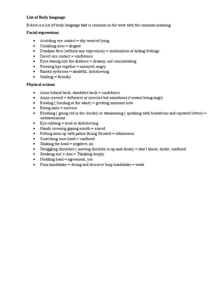 Body Language Vocabulary | PDF
