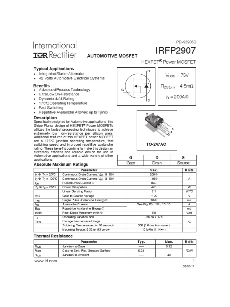 International Rectifier IRFP2907 | PDF | Field Effect Transistor | Mosfet