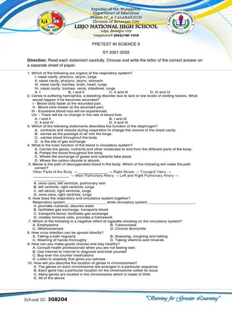 Science 9 Pretest for SY 2021-2022 | PDF | Energy Level | Atoms