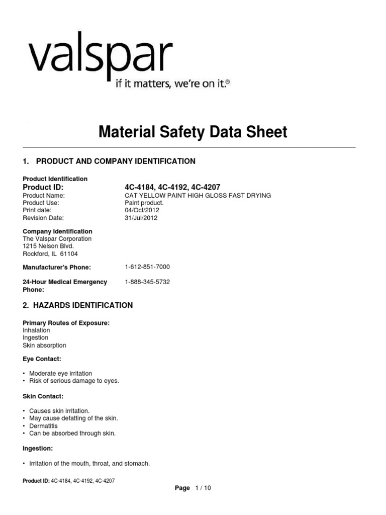 CAT Yellow Paint MSDS and Safety Info | PDF | Firefighting | Dangerous ...
