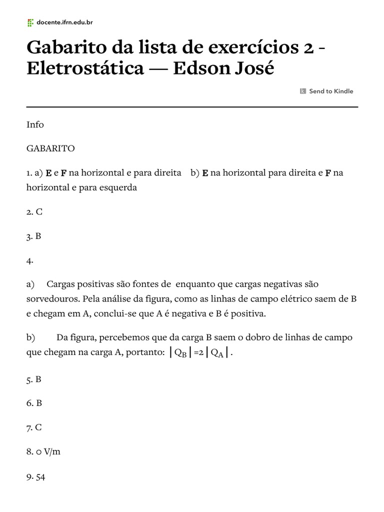 Gabarito Da Lista de Exercícios 2 - Eletrostática | PDF
