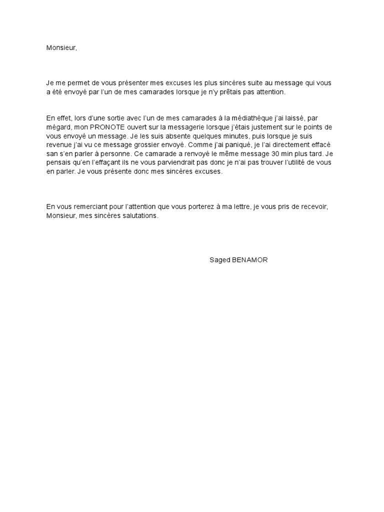 Lettre d'excuse professionnelle sincère | PDF