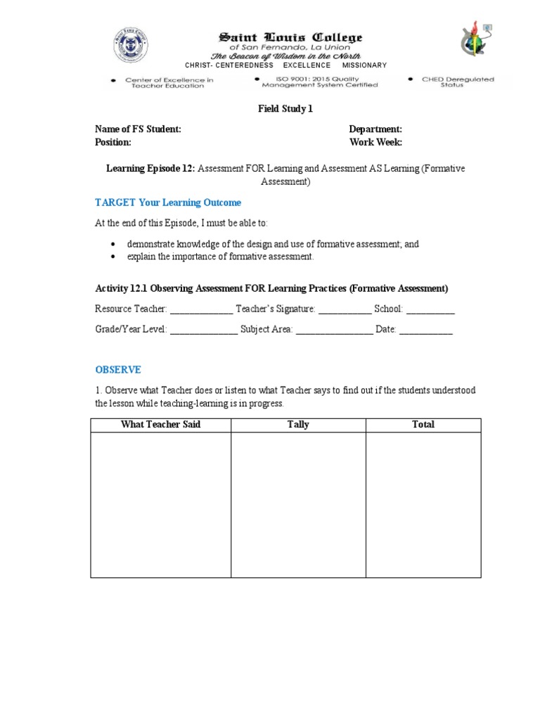 FS 1 - LE 12-Edited | PDF | Educational Assessment | Teachers