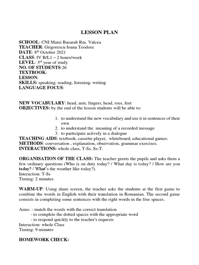 Lesson Plan Ivb Luni | PDF | Teachers | Homework