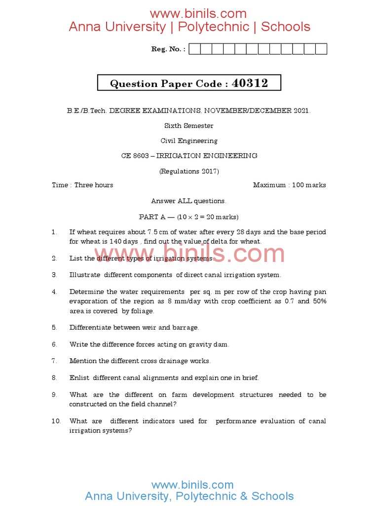 CE8603 Irrigation Engineering Exam Paper | PDF | Irrigation ...