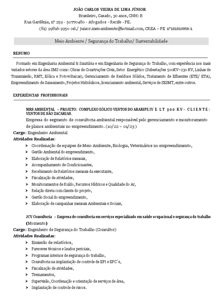 CV JC Eng 2023 03 Ma ST | Download grátis PDF | Gestão de recursos ambientais | Desperdício