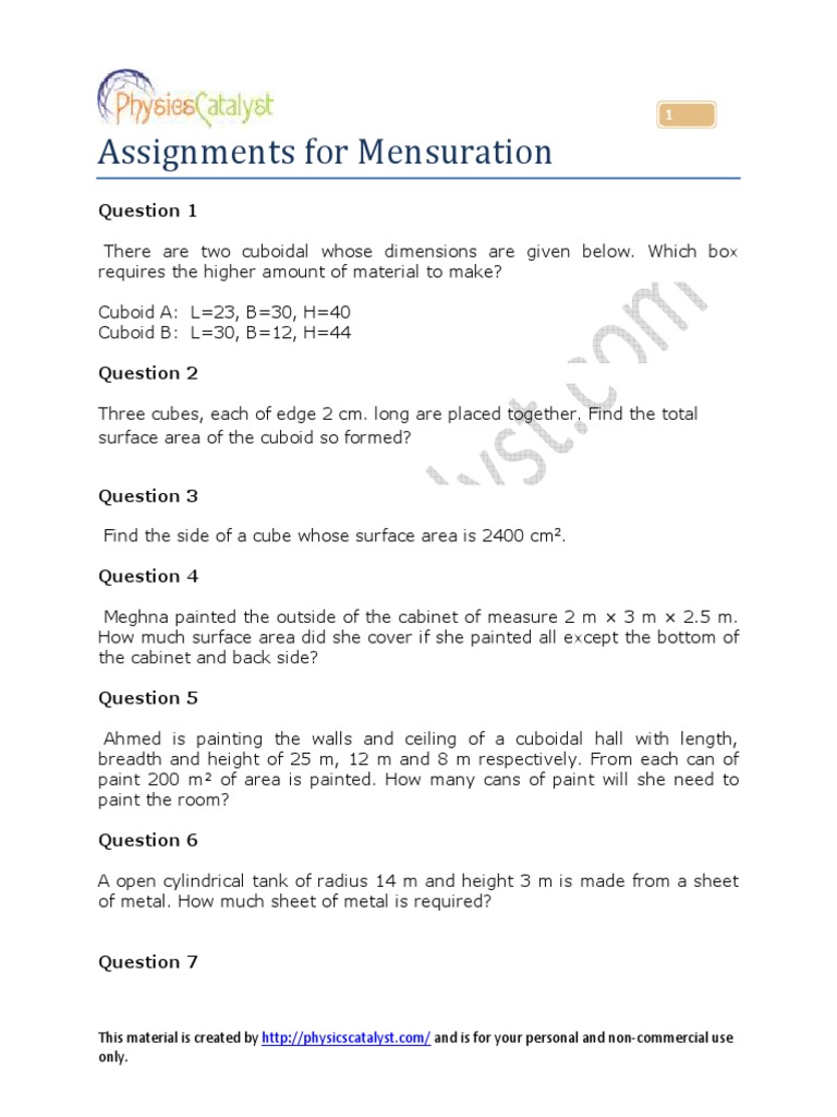 Assignments Class8 Mensuration 3 | PDF | Area | Volume