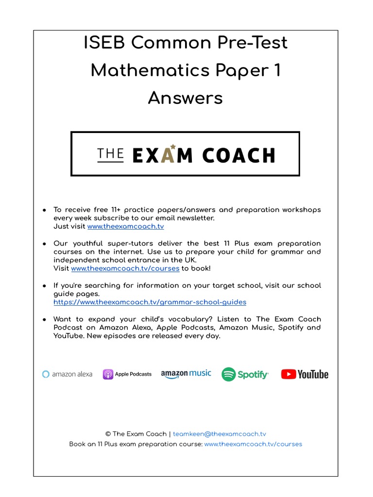 ISEB Common Pre-Test Mathematics Paper 1 Answers: WWW - Theexamcoach.tv ...