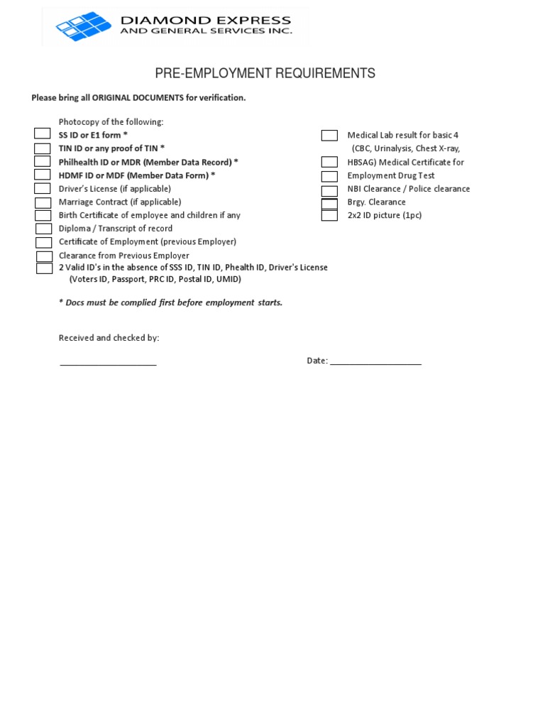 Pre Employment Requirements | PDF | Social Science