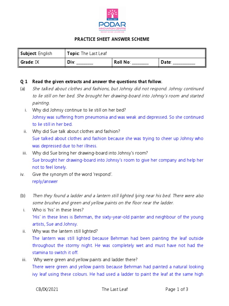 The Last Leaf: Class 9 Answer Key | PDF