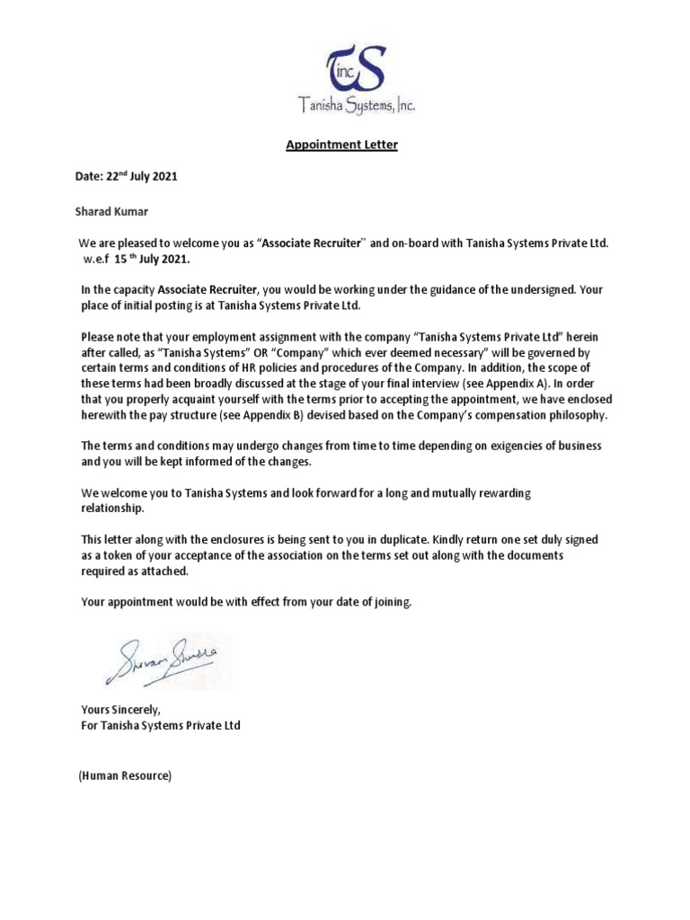 Appointment Letter - Sharad Kumar | PDF | Employment | Injunction