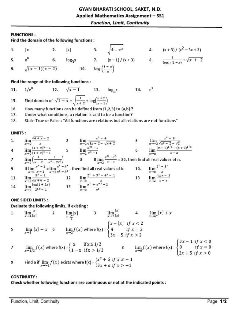 Applied Math Assignment Functions Limits Continuity Pdf Function Mathematics Continuous