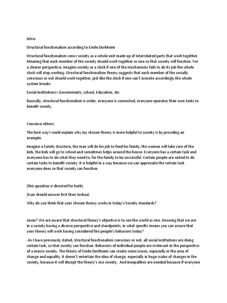 Structural Functionalism According To Emile Durkheim | PDF | Society ...