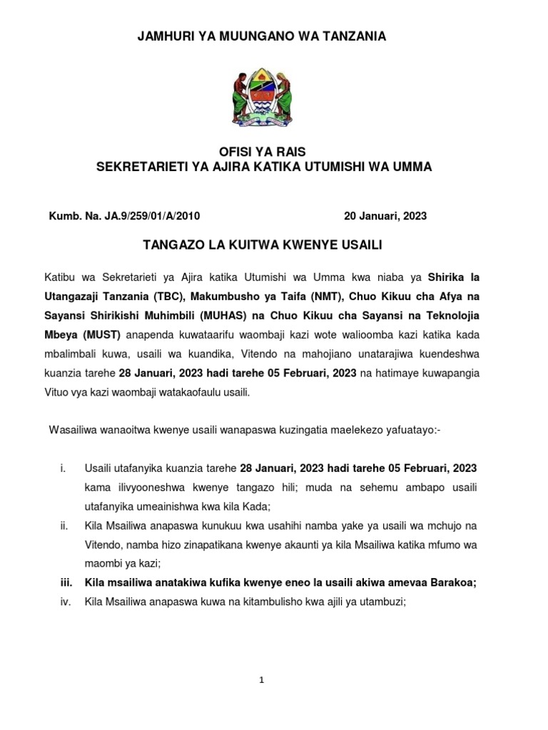 20232101232141tangazo La Kuitwa Kwenye Usaili Taasisi Mbalimbali Za Umma | PDF