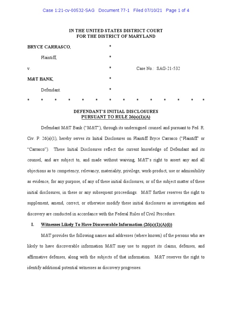 Initial Disclosures D MD | PDF | Discovery (Law) | Justice