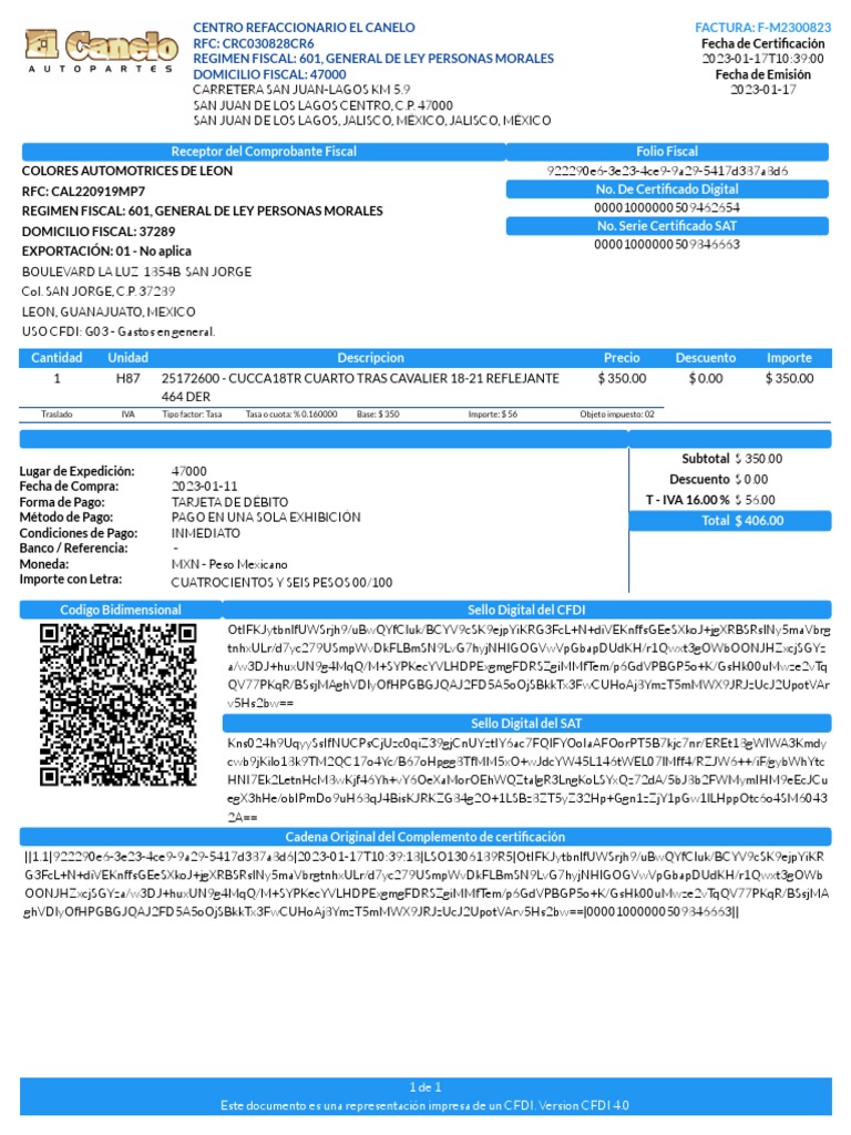 1 de 1 Este Documento Es Una Representación Impresa de Un CFDI. Version ...