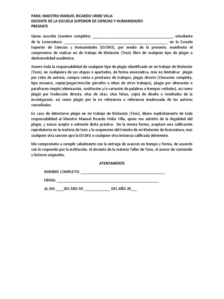 Carta Compromiso No Plagio | PDF