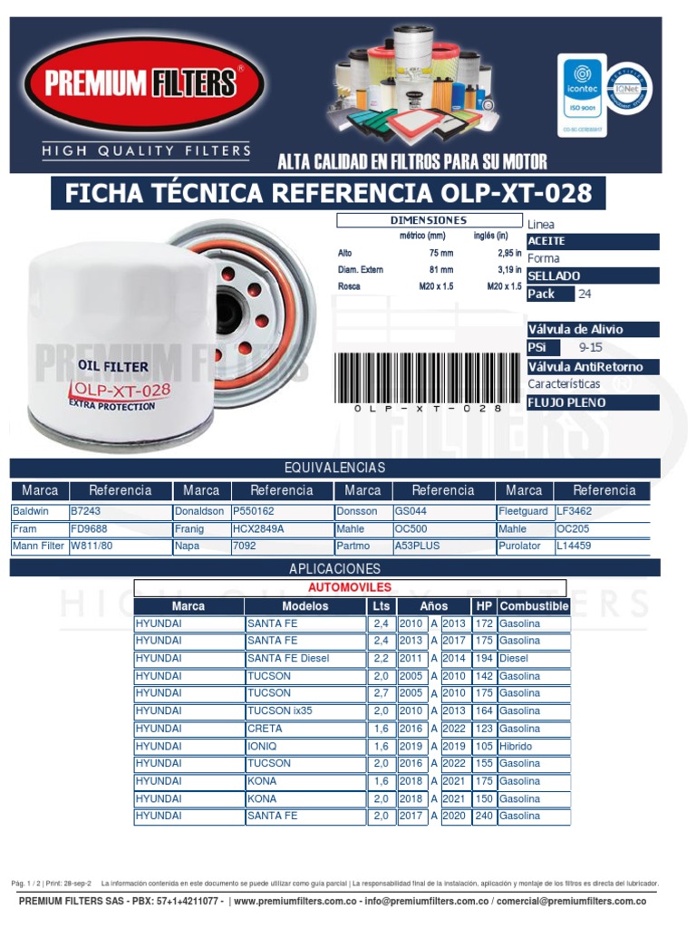 Filtro OLP-XT-028: Especificaciones y Aplicaciones | PDF | Industria ...