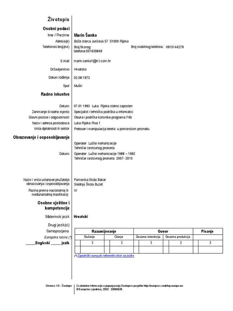 Obrazac Životopisa | PDF