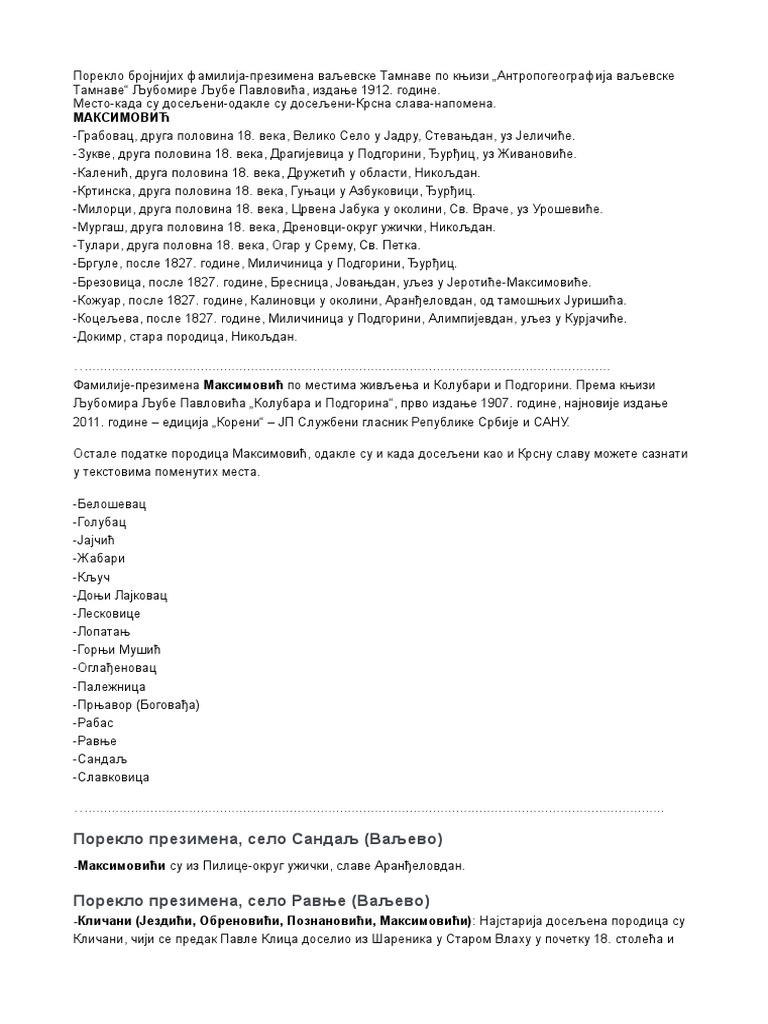 Maksimovic - Kolubara I Podgorina | PDF