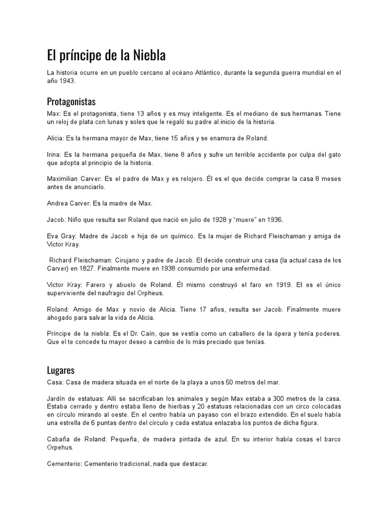 El Príncipe de La Niebla (Resumen Por Capítulos y Descripcion de ...