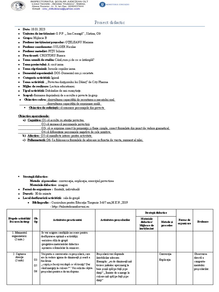Proiect Didactic Draft | PDF