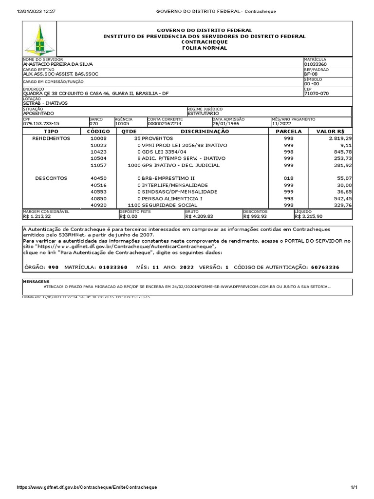 Contracheque Servidor DF: Anastácio Silva | PDF | Indústrias de serviços