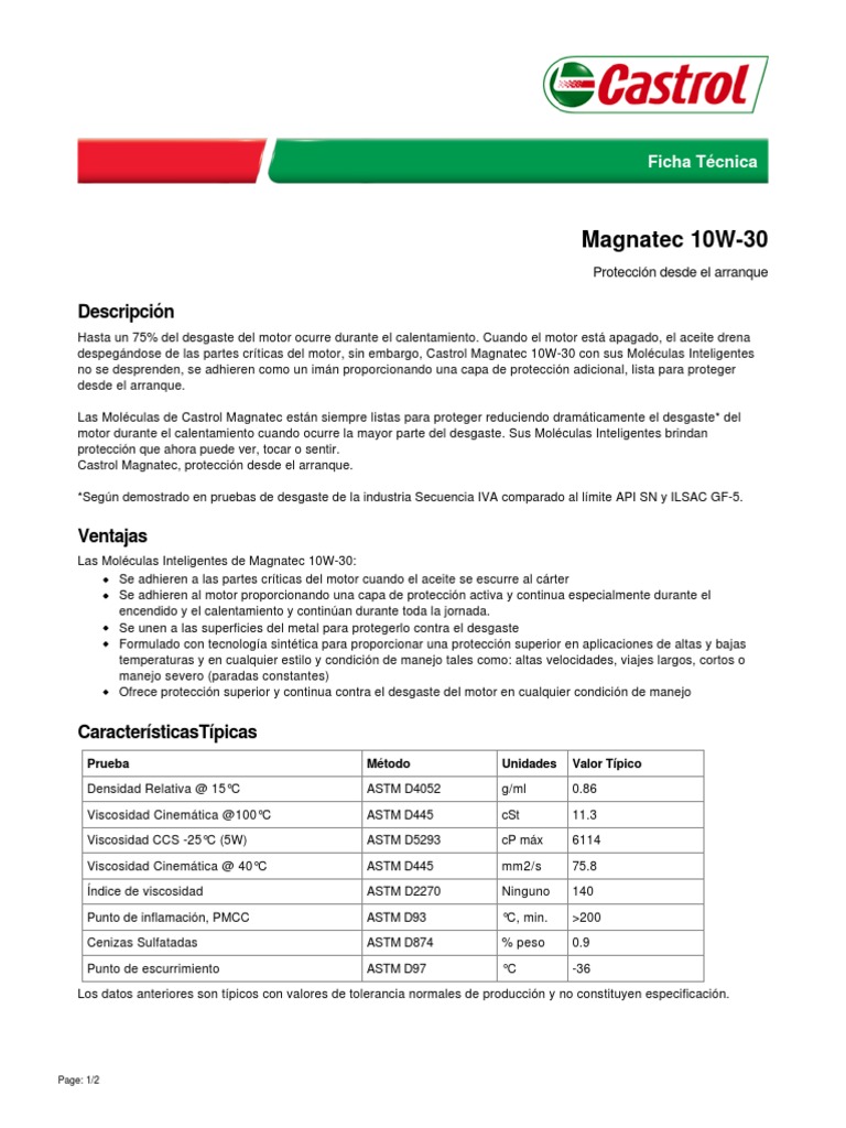 PDS CCSA Castrol Magnatec 10W-30 SN Spanish | PDF