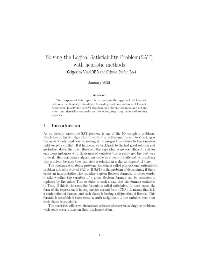 Solving The Logical Satisfiability Problem Sat With Heuristic Methods Pdf Genetic