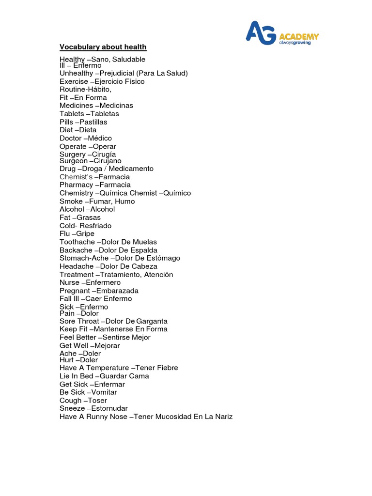 Vocabulario Esencial sobre Salud | PDF