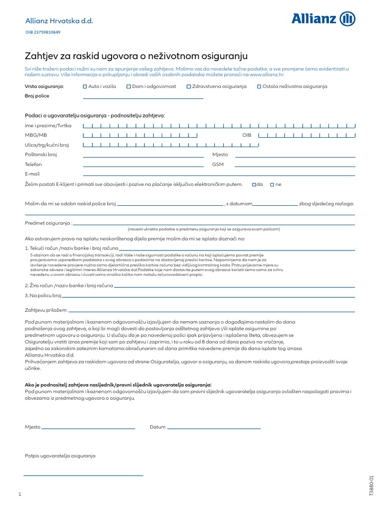 T3880-01 - Zahtjev Za Raskid Ugovora o Osiguranju | PDF