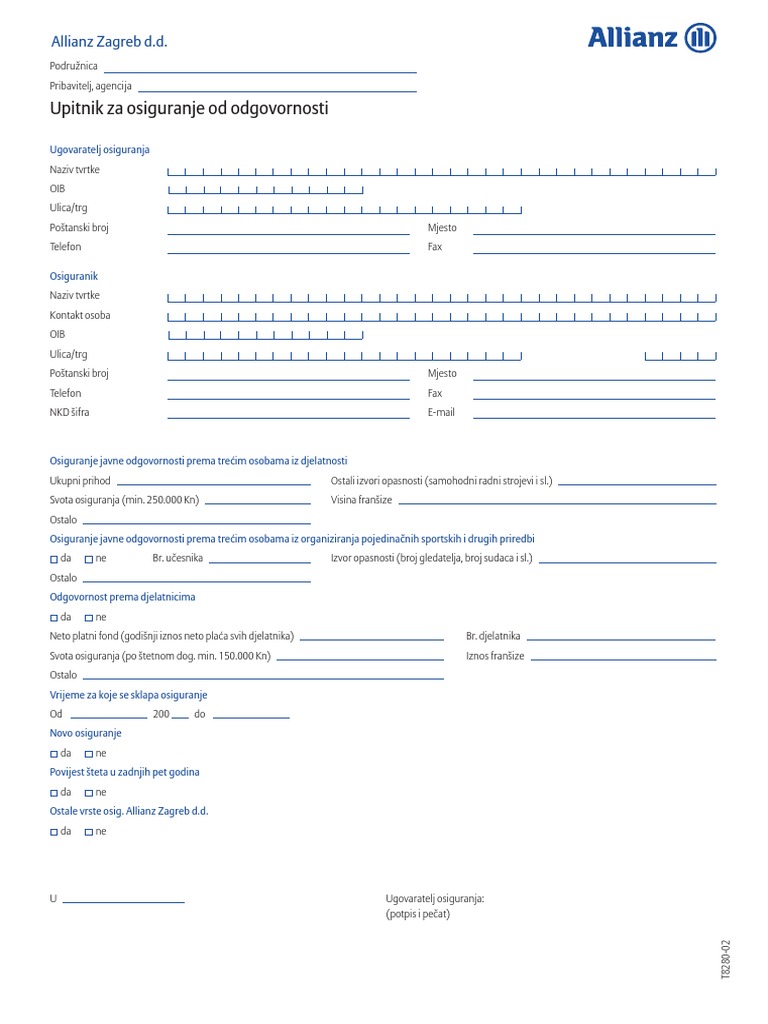Upitnik Za Osiguranje Od Odgovornosti - T8280-02 | PDF