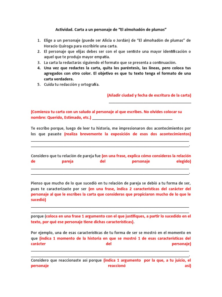 Tarea 3. Carta A Un Personaje de El Almohadón de Plumas | PDF