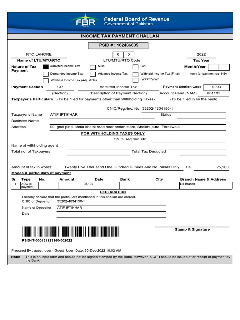 Income Tax Payment Challan: PSID #: 162486635 | PDF | Income Tax | Taxes