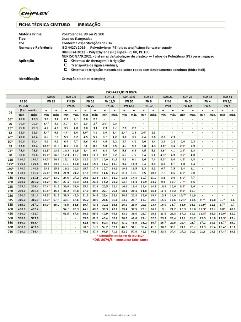 Ficha Tecnica Tubos Pead Irrigacao | PDF | Materiais transparentes ...