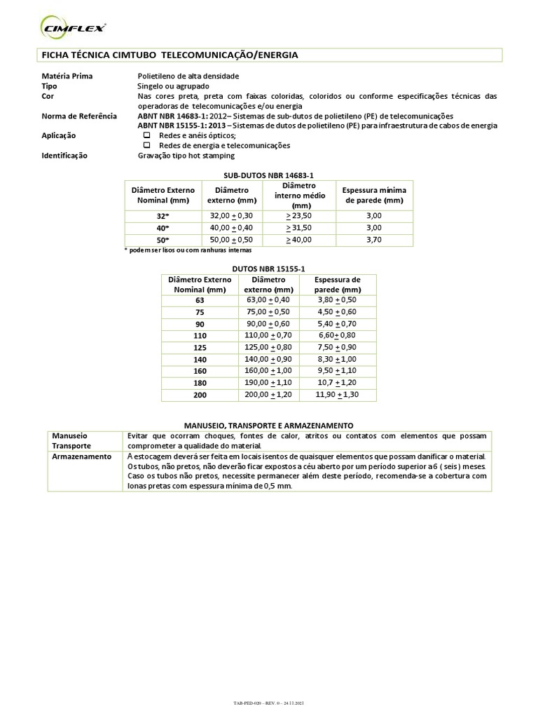 Ficha Tecnica Tubos Pead Telecomunicacao Energia | PDF | Quantidade ...