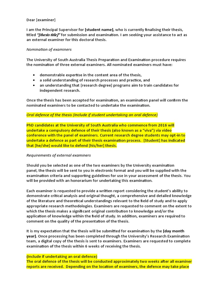 Example e Mail Template From Supervisor Inviting Examiner | PDF ...